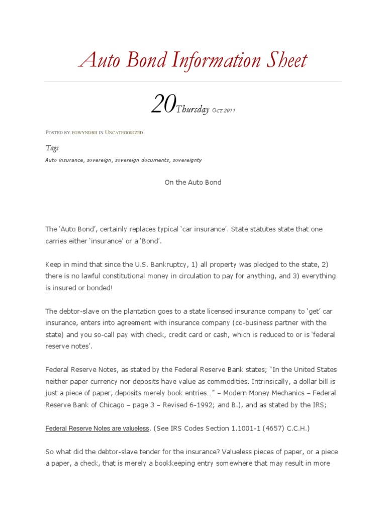 Auto Bond Information Sheet | PDF | Legal Tender | Money