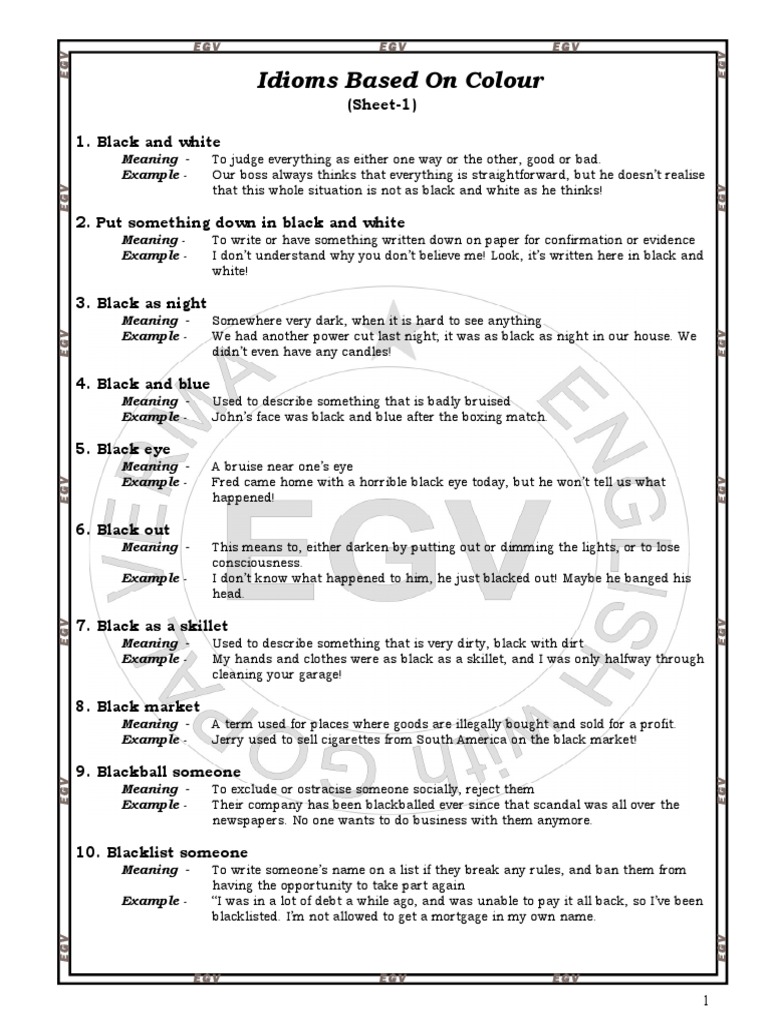 Idioms Based On Colour: (Sheet-1) 1. Black and White | PDF