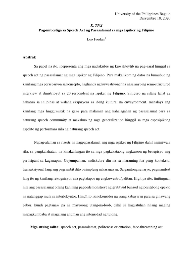 Pag-Imbestiga Sa Speech Act NG Pasasalamat Sa Mga Ispiker NG Filipino | PDF