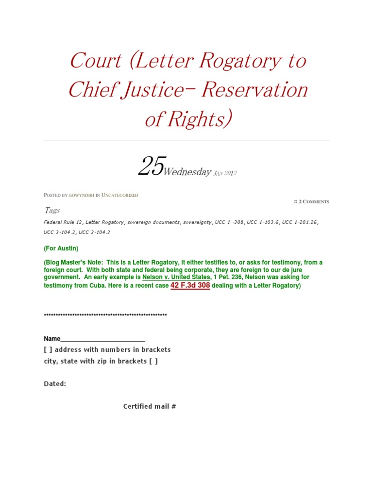 Court (Letter Rogatory To Cheif Justice - Reservation of Rights) | PDF ...