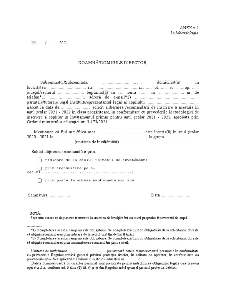 ANEXA 1 - Solicitare Recomandare Inscriere Clasa Pregatitoare | PDF