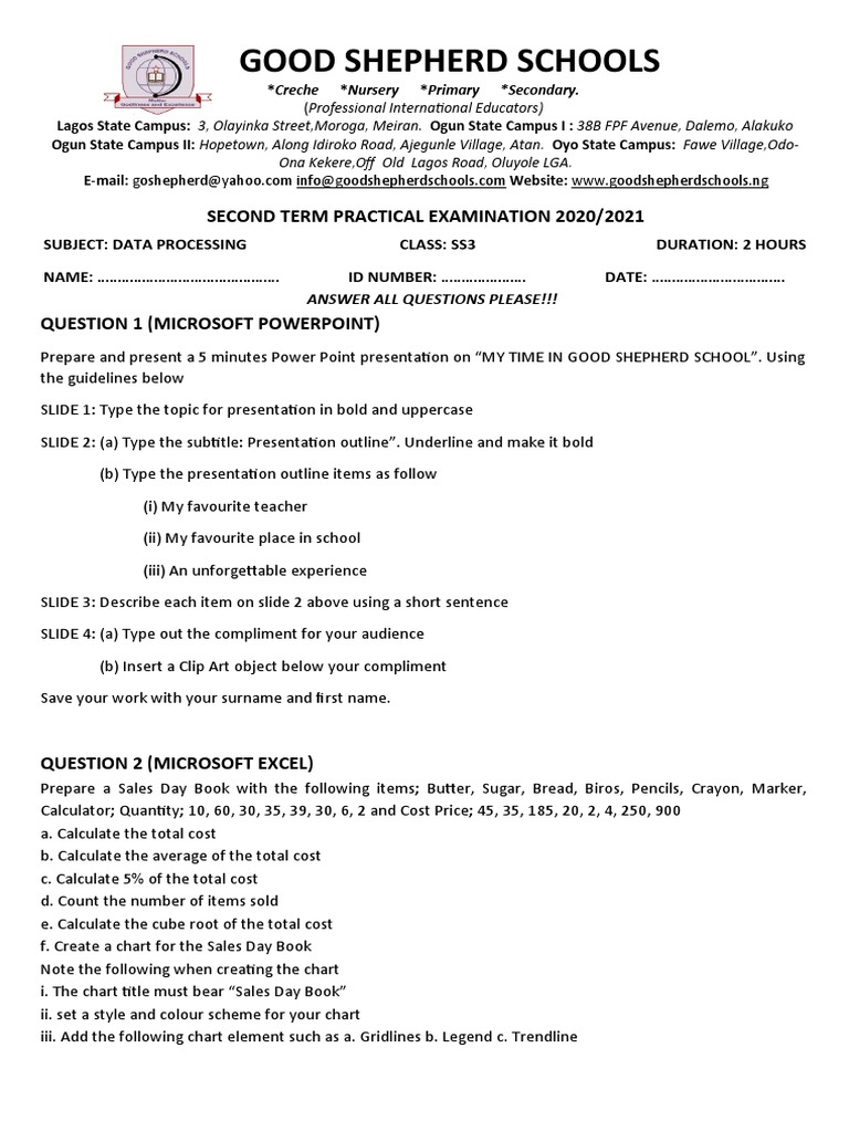 SS3 Data Processing Practical Examination | PDF | Writing | Text