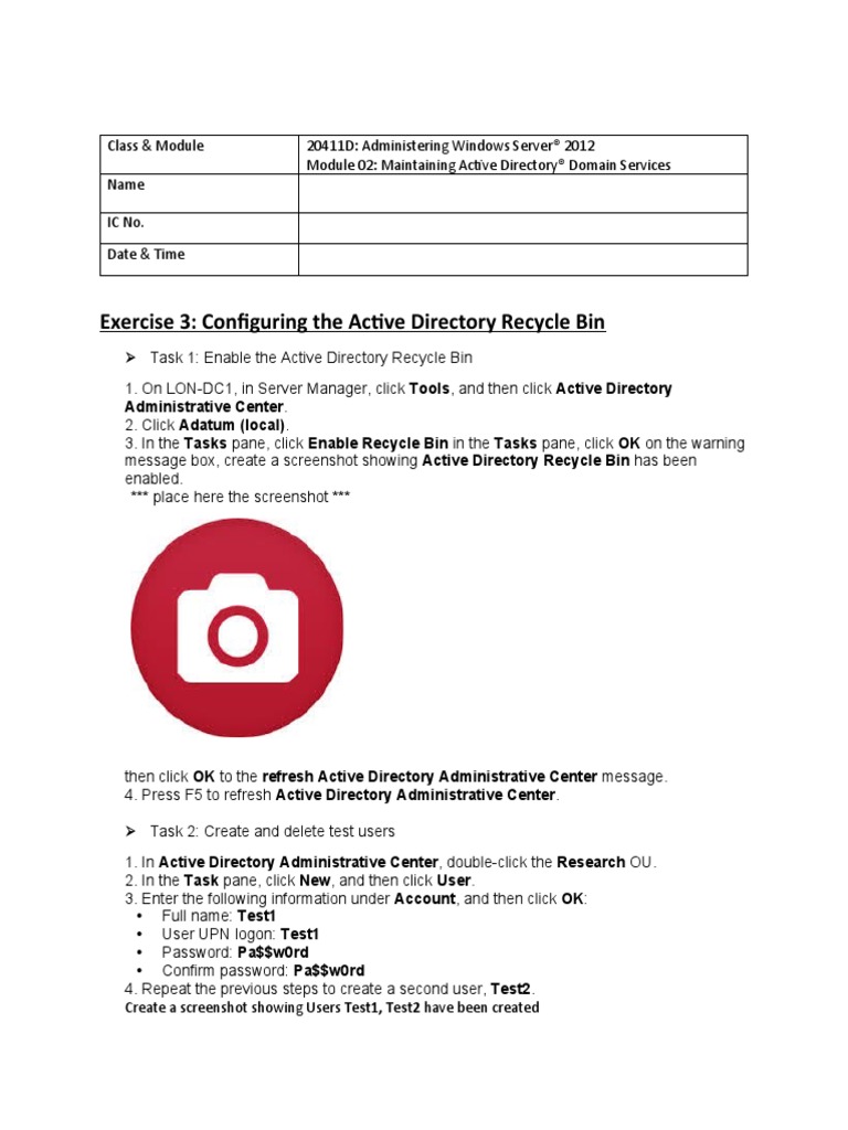 20411D-Lab02-Ex03-Configuring The Active Directory Recycle Bin-Template | PDF | Active Directory ...