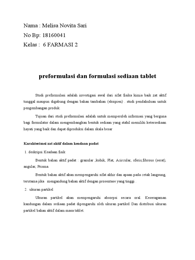 Resume Preformulasi Dan Formulasi Sediaan Tablet MELISA | PDF | Sains & Matematika