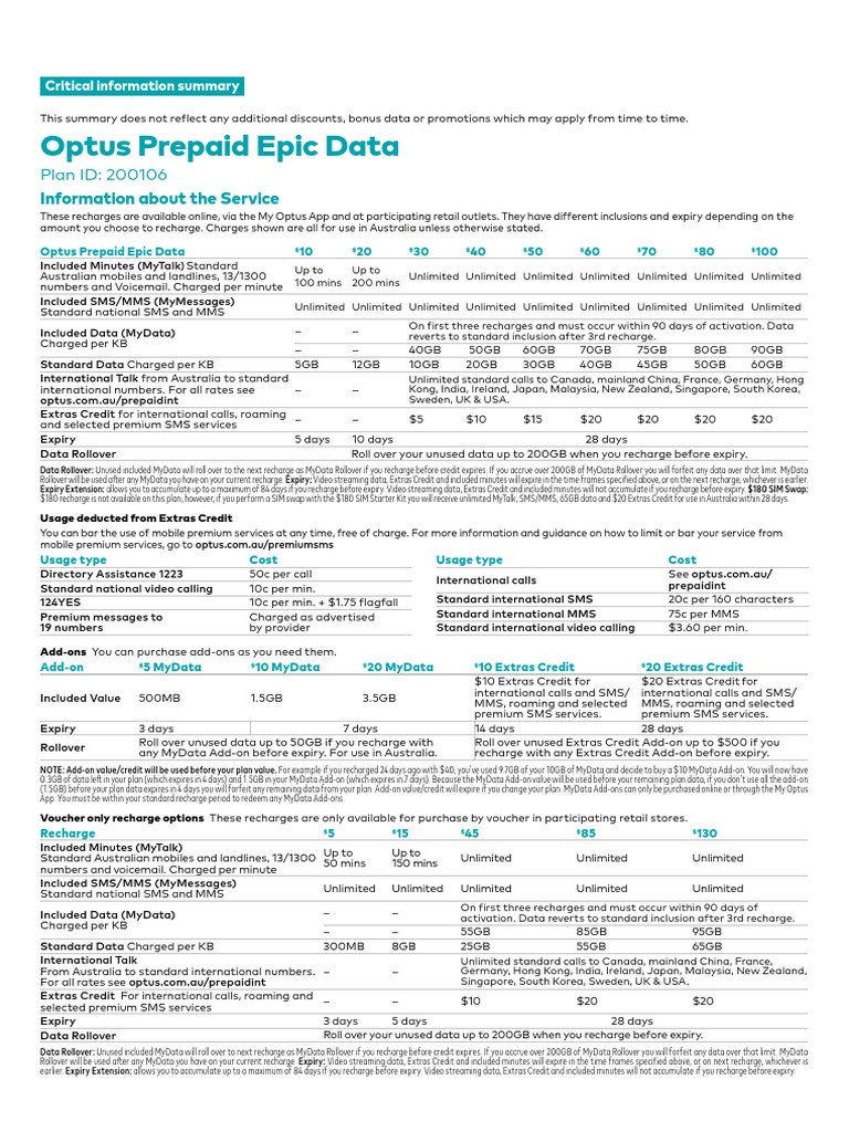 Optus Prepaid Epic Data: Plan ID: 200106 | PDF | Prepaid Mobile Phone ...