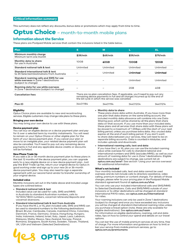 Optus Choice mobile plans summary | PDF | Roaming | Fee