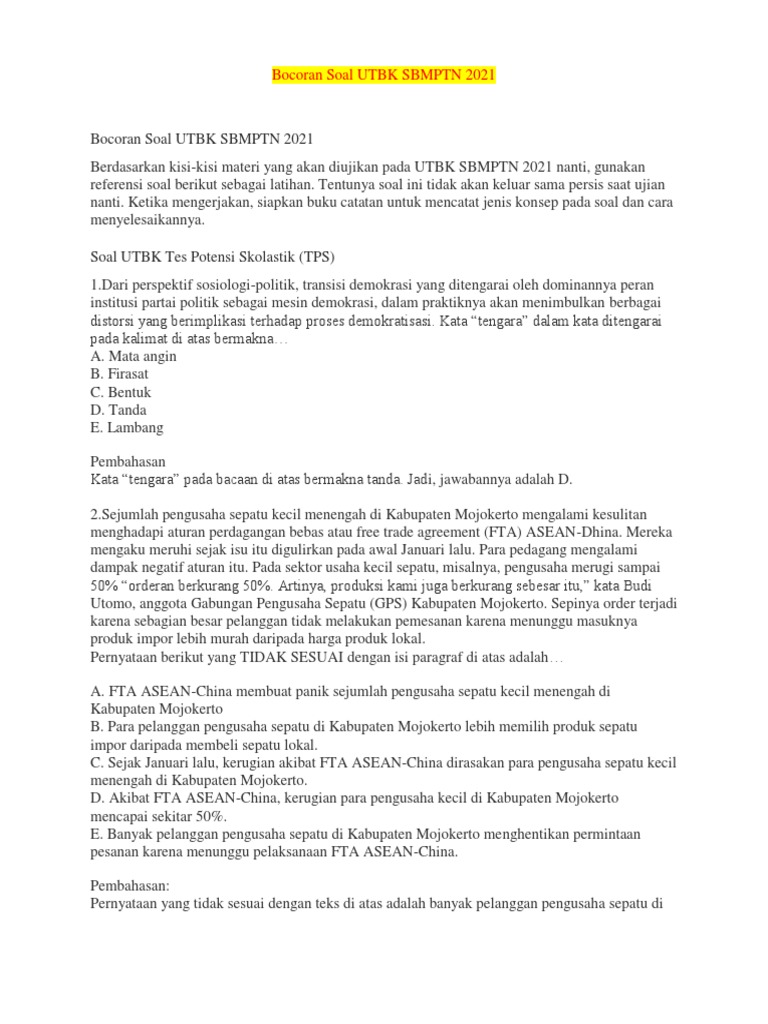 Bocoran Soal Utbk SBMPTN 2021 (Sfile | PDF