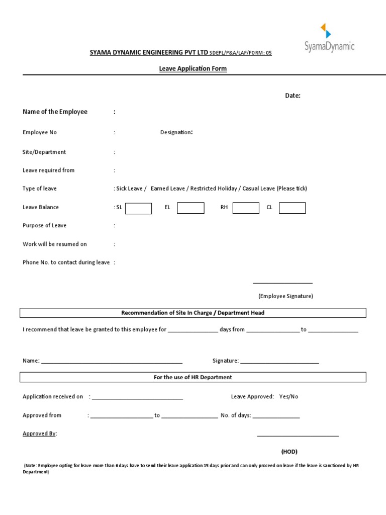 Syama Dynamic Engineering PVT LTD Leave Application Form: Date: Name of ...