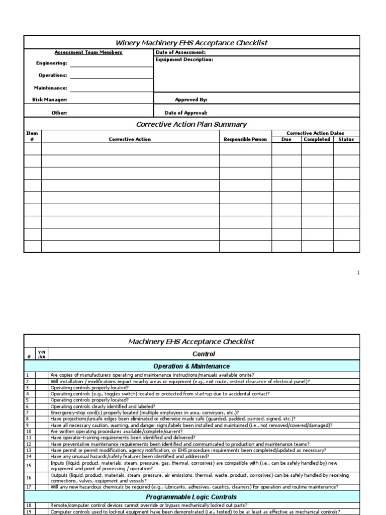 SAMPLE Machinery EHS Acceptance Checklist | PDF | Personal Protective ...