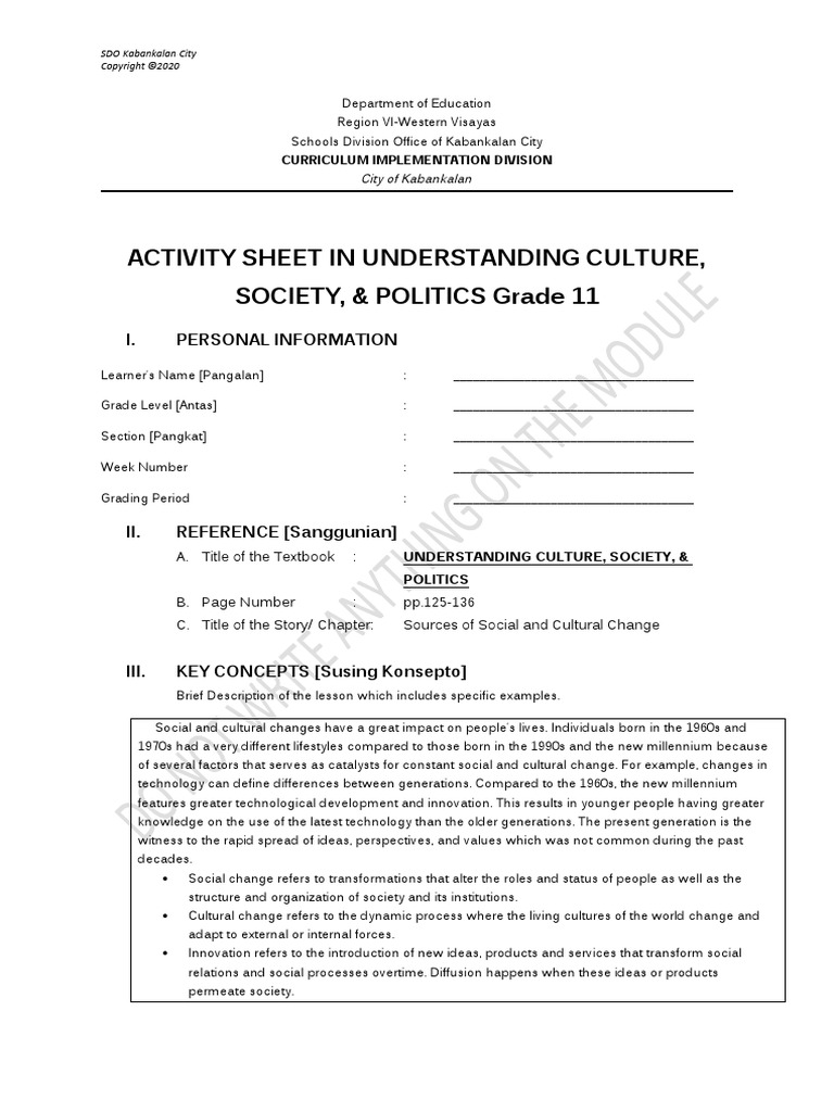 Activity-Sheet-AS in UCSP 2nd Quarter Sources of Social and Cultural Change | PDF | Society ...