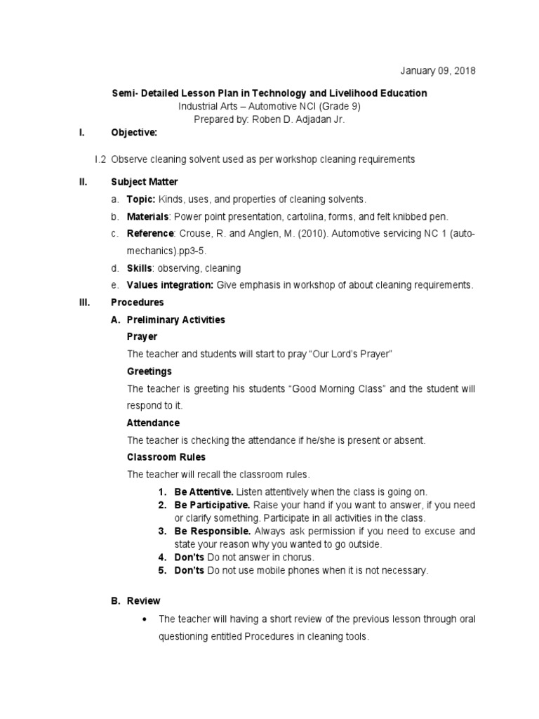 Lesson Plan: Cleaning Solvents in Auto Shop | PDF | Solvent | Teachers