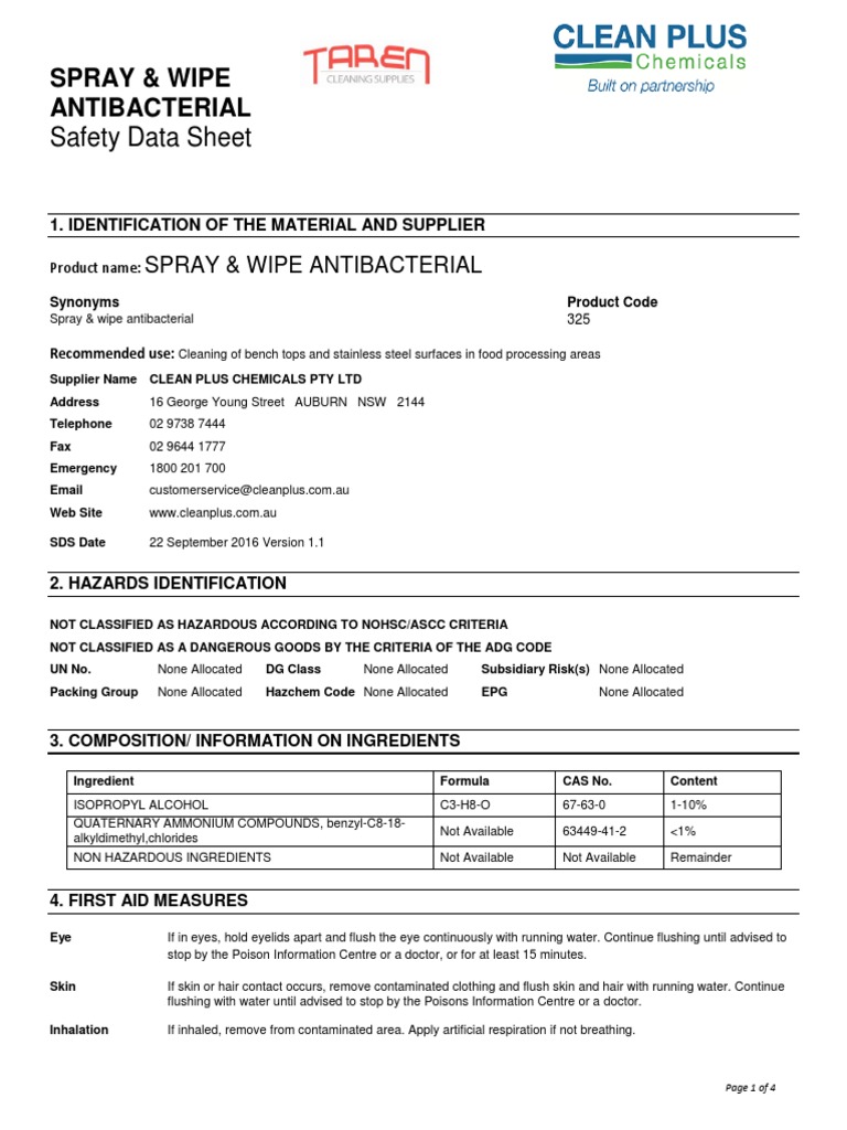 Safety Data Sheet: Spray & Wipe Antibacterial | PDF | Toxicity ...