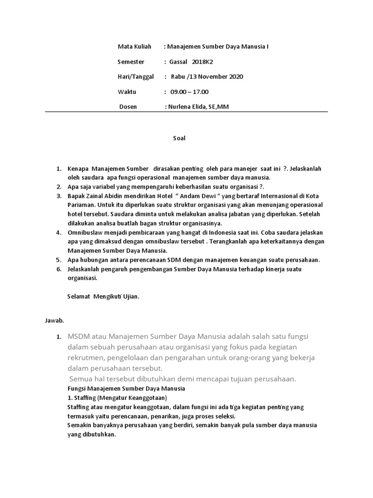 Soal UTS MSDM 1 2020 | PDF | Karier & Perkembangan | Bisnis