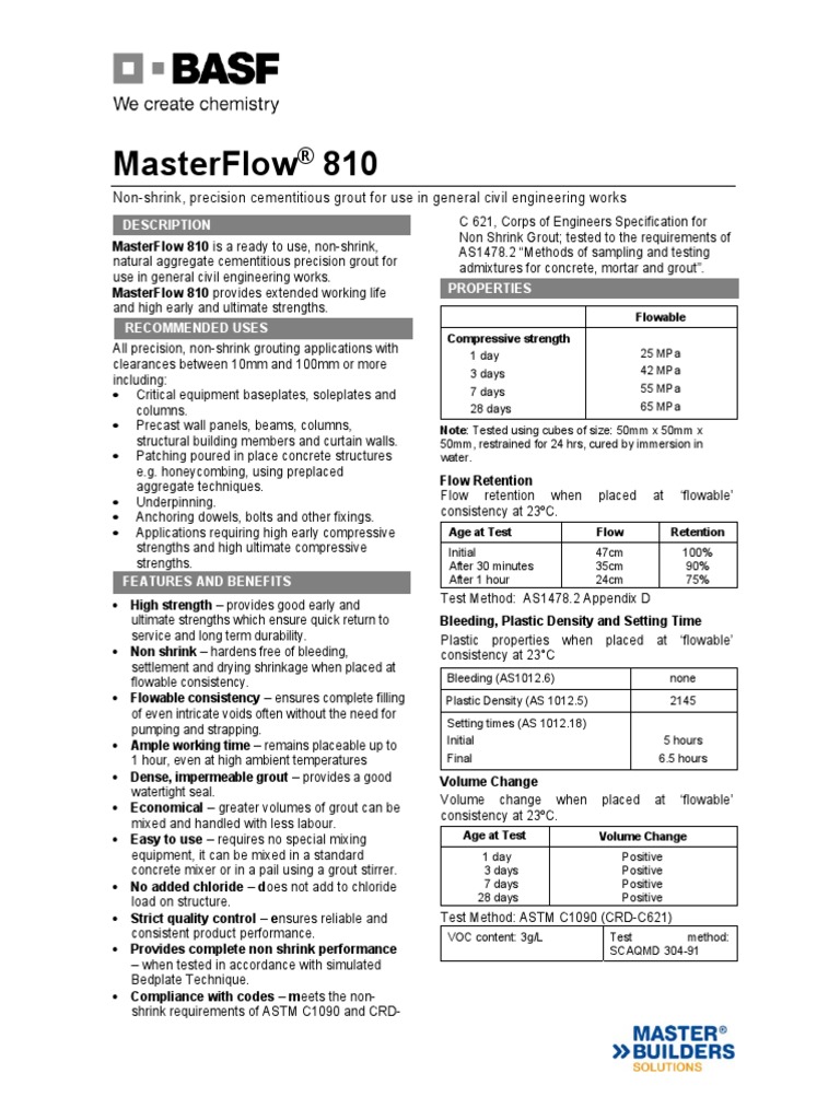 Masterflow 810: Non-Shrink, Precision Cementitious Grout For Use in ...