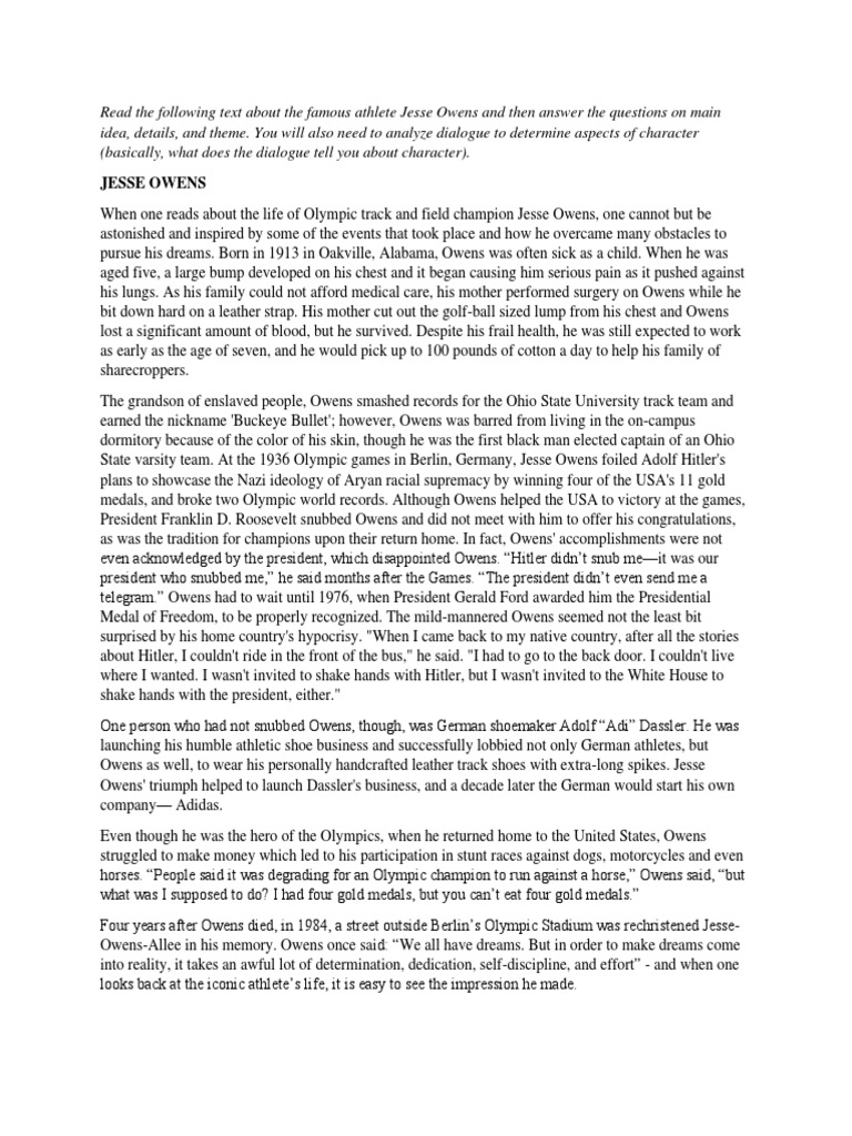 Jesse Owens Text For Reading Skills | PDF | History