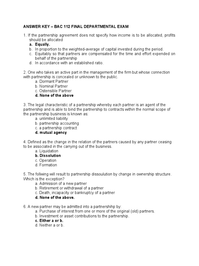 BAC 112 Departmental Exam Answer Key | PDF | Preferred Stock | Treasury ...