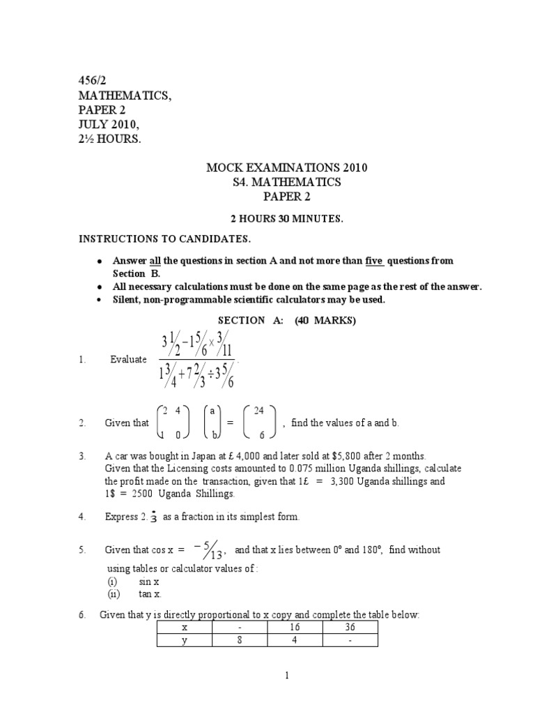 456/2 Mathematics, Paper 2 JULY 2010, 2 HOURS. Mock Examinations 2010 ...