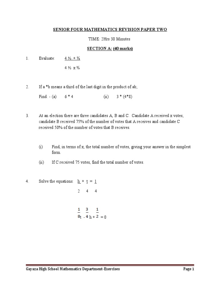 SENIOR FOUR MATHEMATICS REVISION PAPER TWO | PDF | Area | Mathematical ...