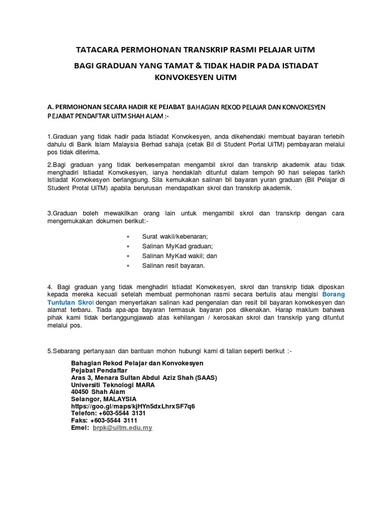 TATACARA PERMOHONAN TRANSKRIP RASMI PELAJAR UiTM | PDF