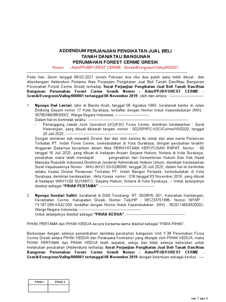 Addendum PPJB - y 38 An. Sundari Safitri 10 Feb 21 Revisi Dwi | PDF | Hukum