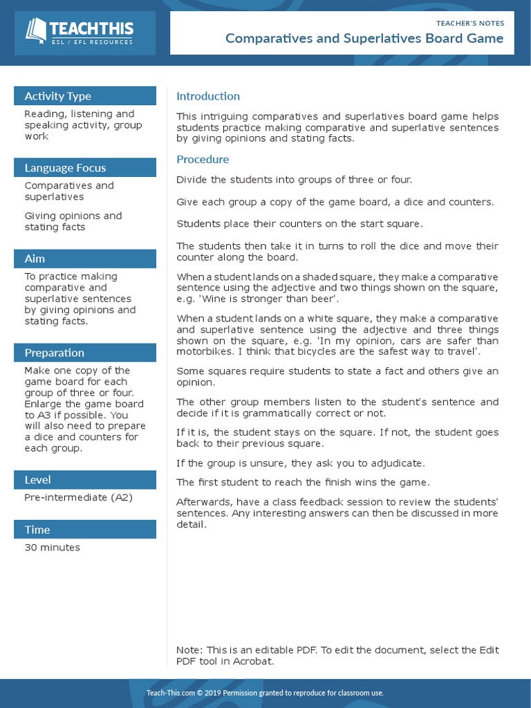 Comparatives and Superlatives Board Game | PDF | Grammar | Language ...