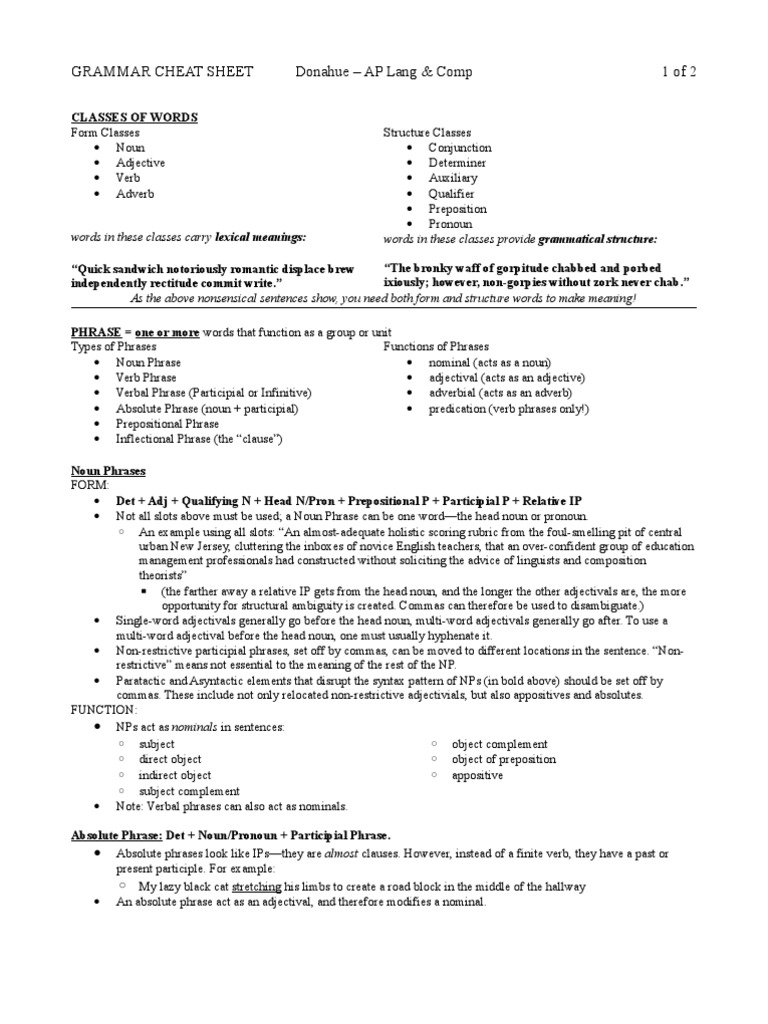 Grammar Cheat Sheet | PDF | Phrase | Verb