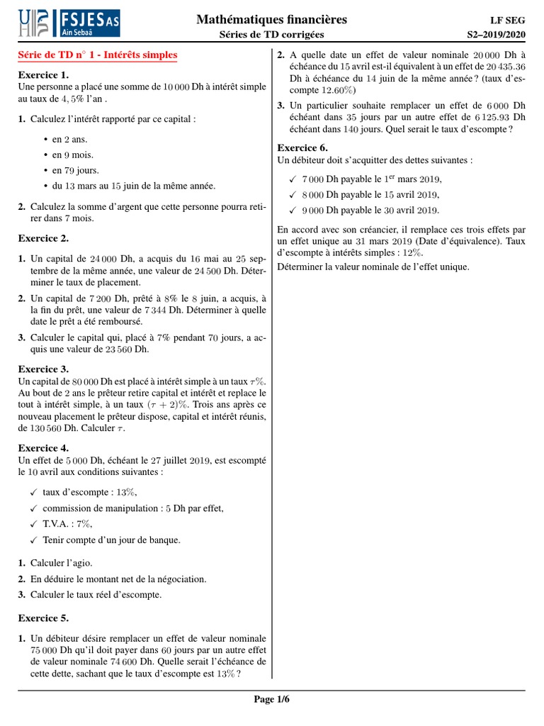 TD Maths Financieres S2 EG 2019 20 | PDF | Centre d'intérêt | Argent