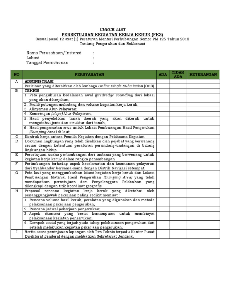 Check - List - Persetujua Kerja - Keruk - (PK3) | PDF | Hukum ...