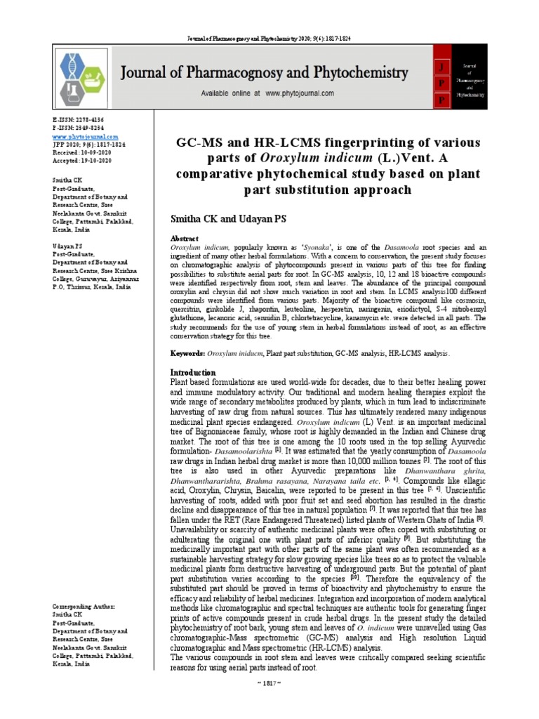 PublishGC-MS and HR-LCMS Fingerprinting of Various Parts of Oroxylum ...