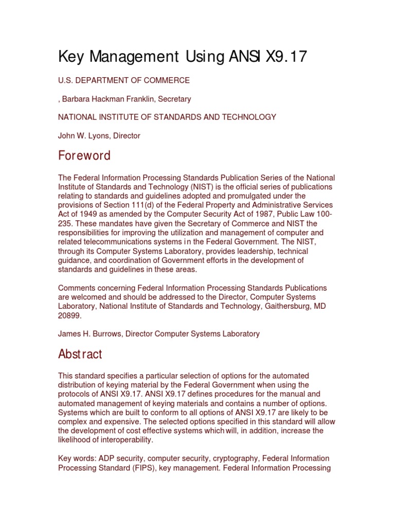 Key Management Using ANSI X9.17: Foreword | PDF | Cryptography ...