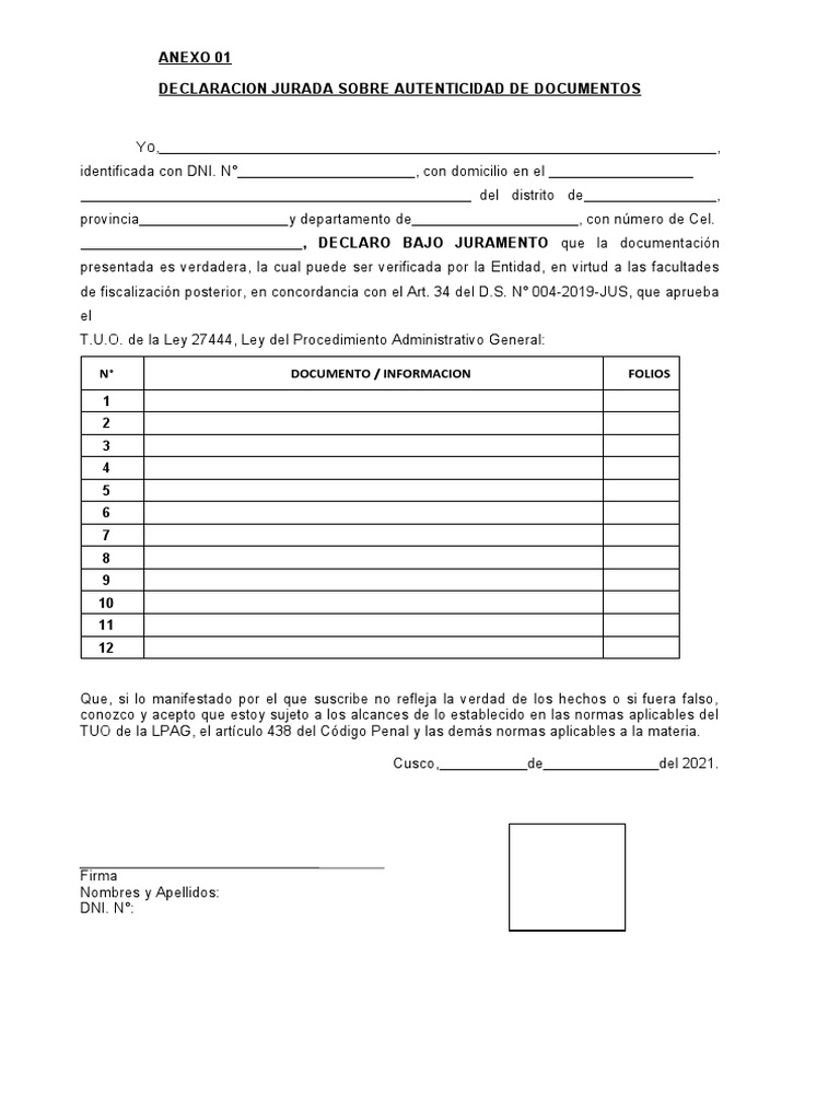 Declaracion Jurada Sobre Autenticidad de Documentos | PDF