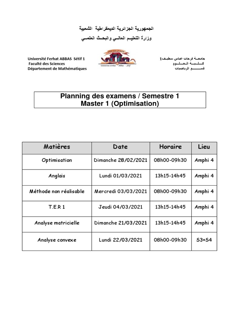 Planning Examens M1+M2 S1 Maths | PDF