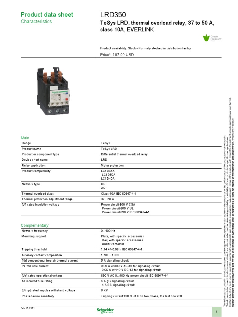 Product Data Sheet: Tesys LRD, Thermal Overload Relay, 37 To 50 A ...