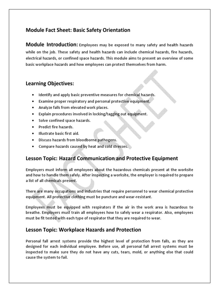 Basic Safety Orientation - Fact Sheet | PDF | Personal Protective ...