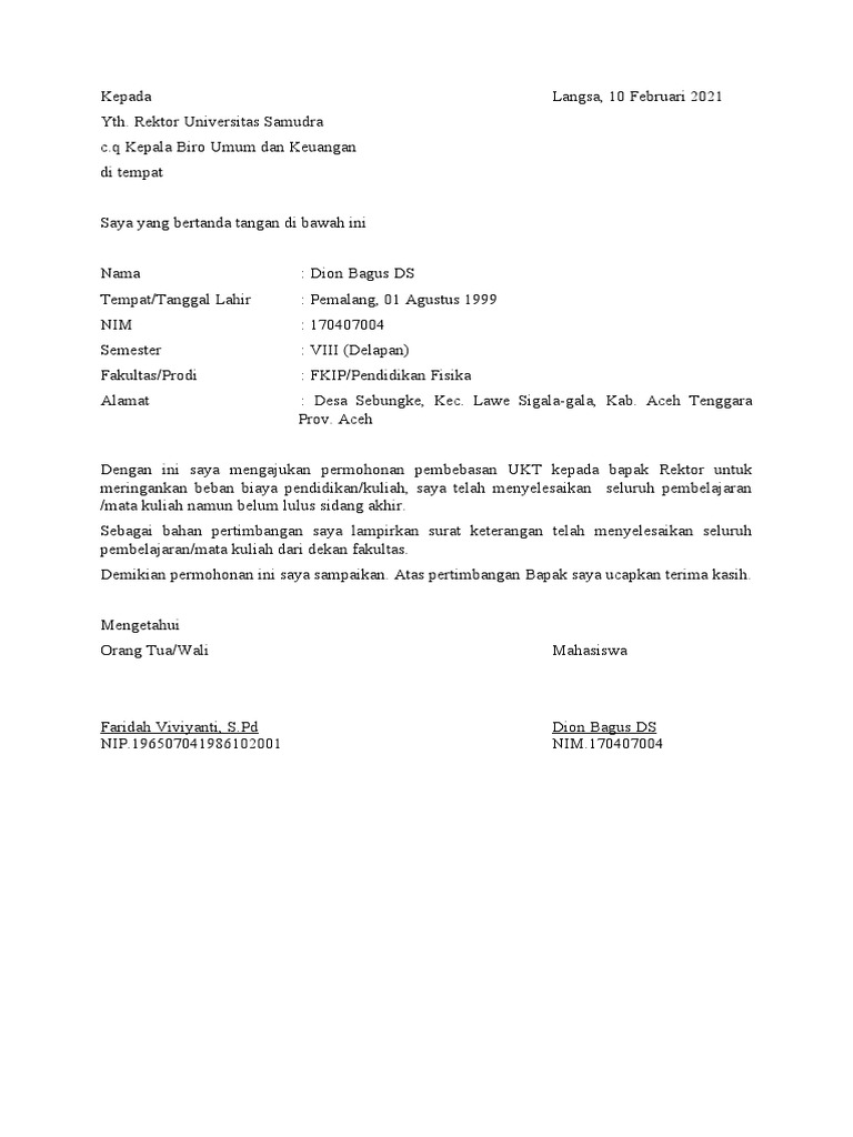 Surat Permohonan Bebas Ukt | PDF