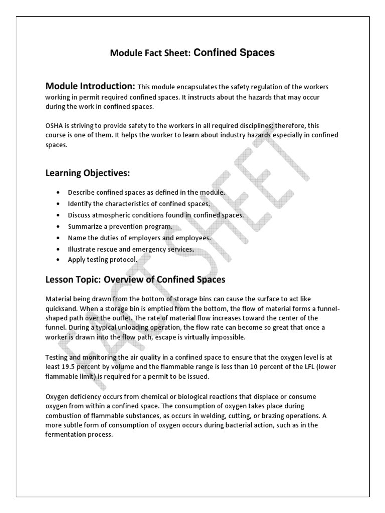Confined Space Entry - Fact Sheet | PDF | Safety | Working Conditions
