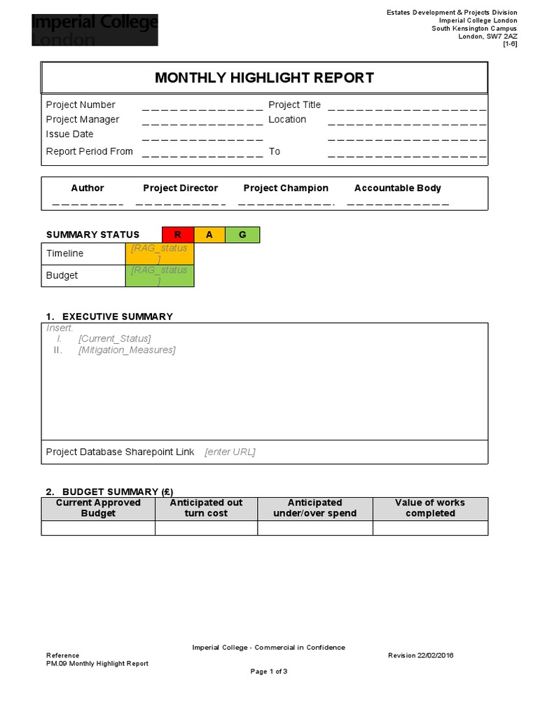 Monthly Highlight Report: Project Number Project Title Project Manager Location Issue Date ...