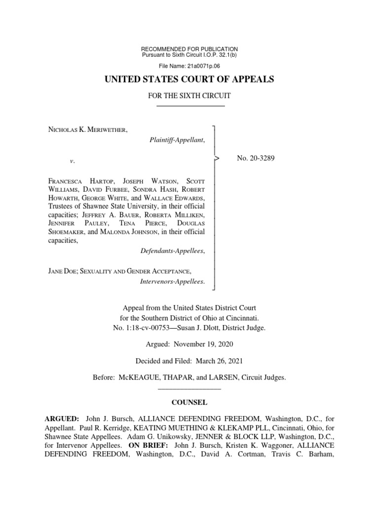 Meriwether V Hartop (6th Cir 2021) (Preferred Gender Pronouns Case ...