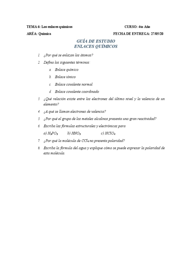 Guía de Enlaces Químicos para 4to Año | PDF