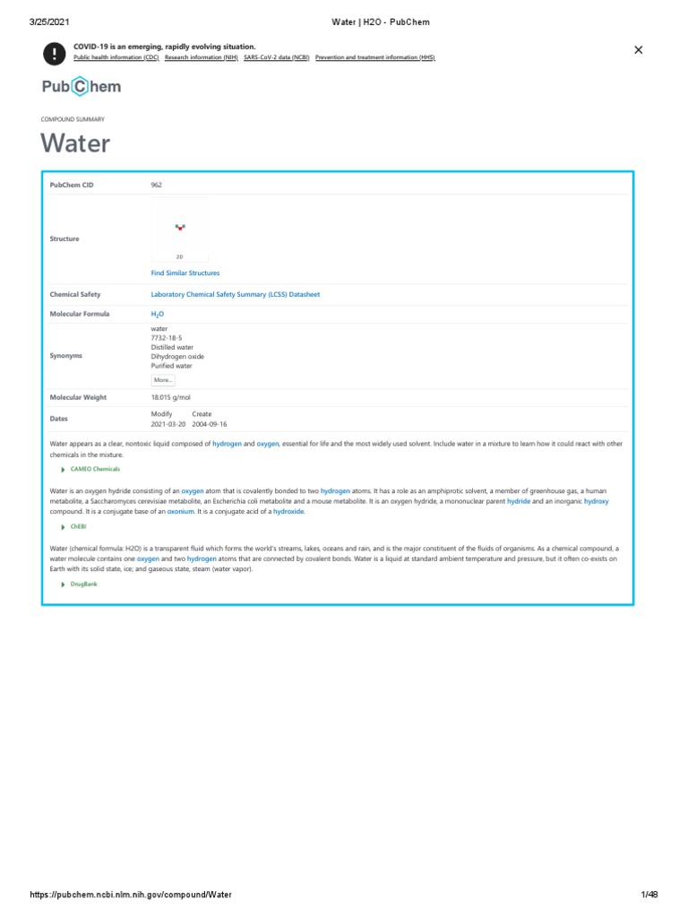 Water - H2O - PubChem | PDF | Spectroscopy | Properties Of Water