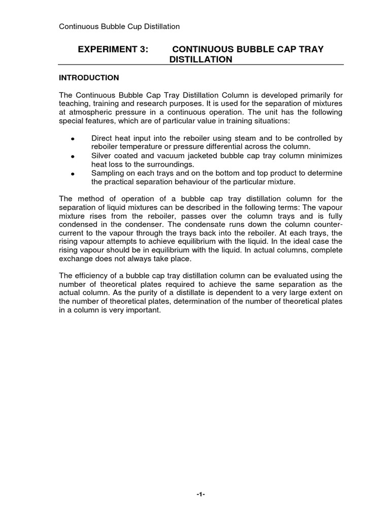 Continuous Bubble Cap Distillation Guide | PDF | Distillation ...