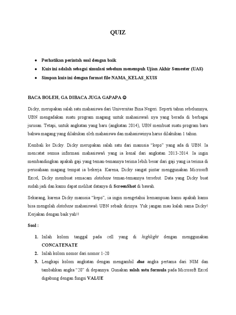 Soal Kuis Excel | PDF | Seni
