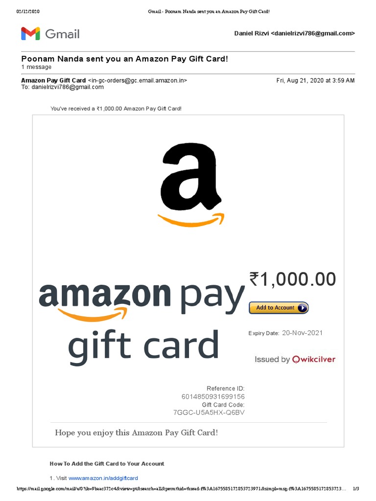 Gmail - Poonam Nanda Sent You An Amazon Pay Gift Card! | PDF | Gift ...