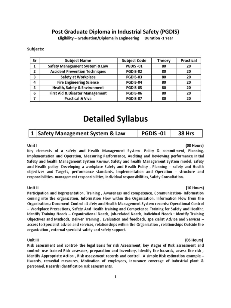 Detailed Syllabus: Post Graduate Diploma in Industrial Safety (PGDIS) | PDF | Remote Sensing ...