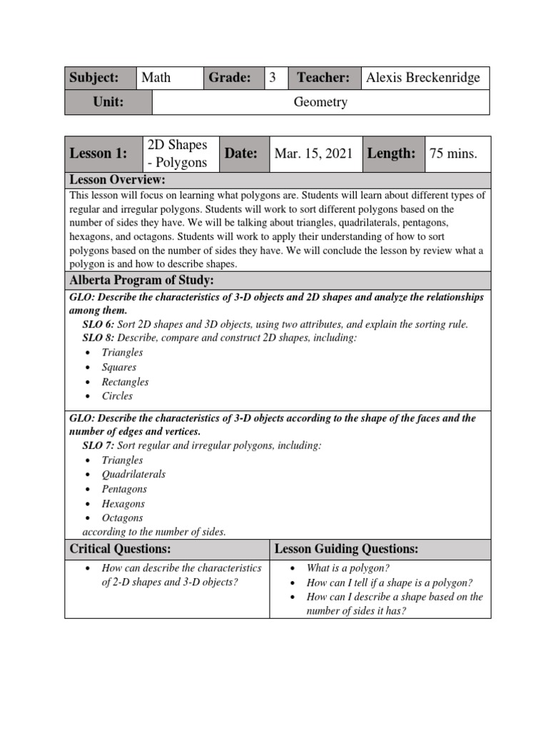 Lesson Plan 1 - Polygons | Download Free PDF | Shape | Polygon
