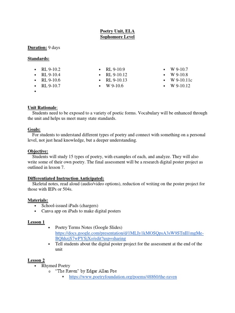 Unit Lesson Plan and References | Download Free PDF | The Raven | Poetry