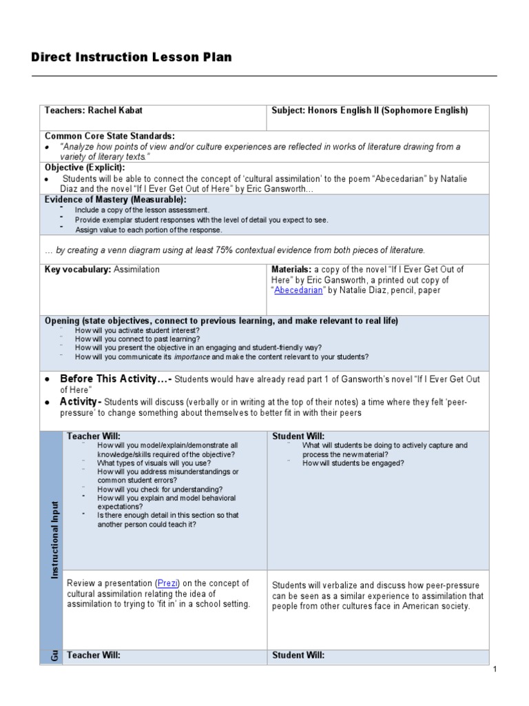 Direct Instruction Lesson Plan | PDF | Constructivism (Philosophy Of ...