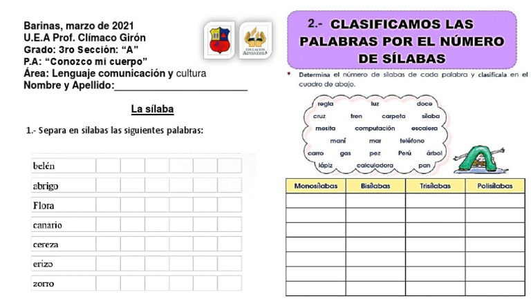 Hoja de Trabajo Sílabas | PDF