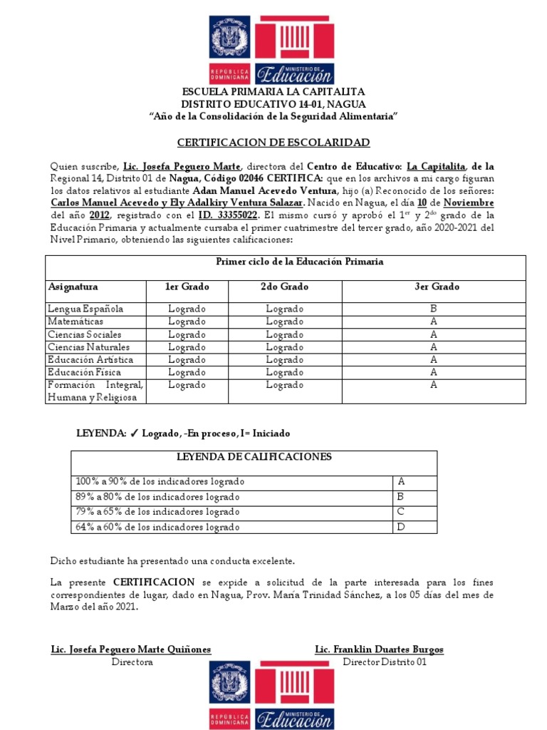 Ejemplo Record de Notas de La Escuela | PDF | Educación primaria ...
