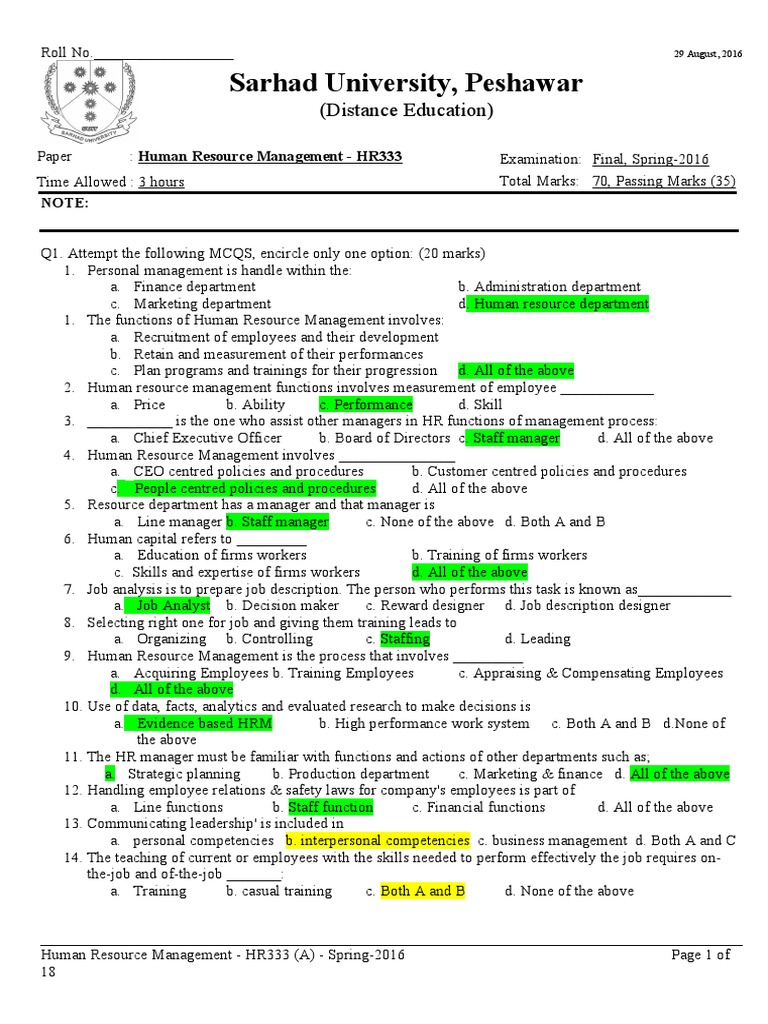 HRM Exam Paper - Spring 2016 | PDF | Human Resource Management ...